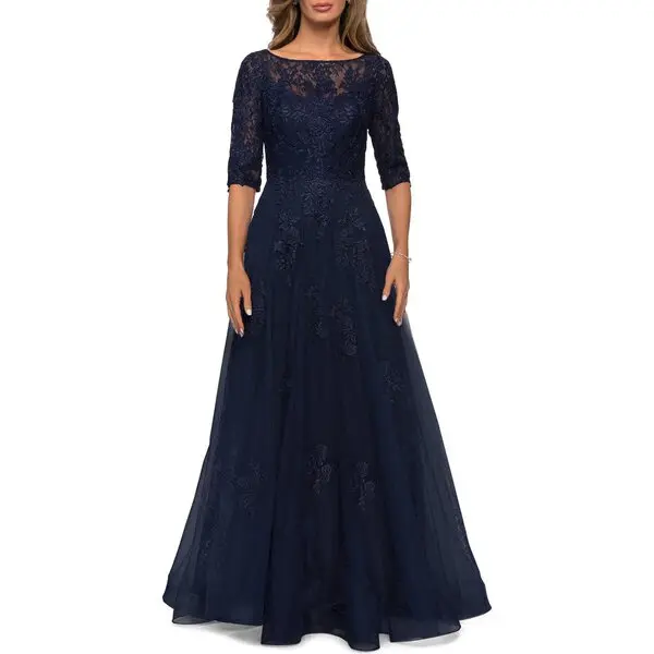 La Femme Lace And Tulle A-line Gown With Three Quarter Sleeves - Navy