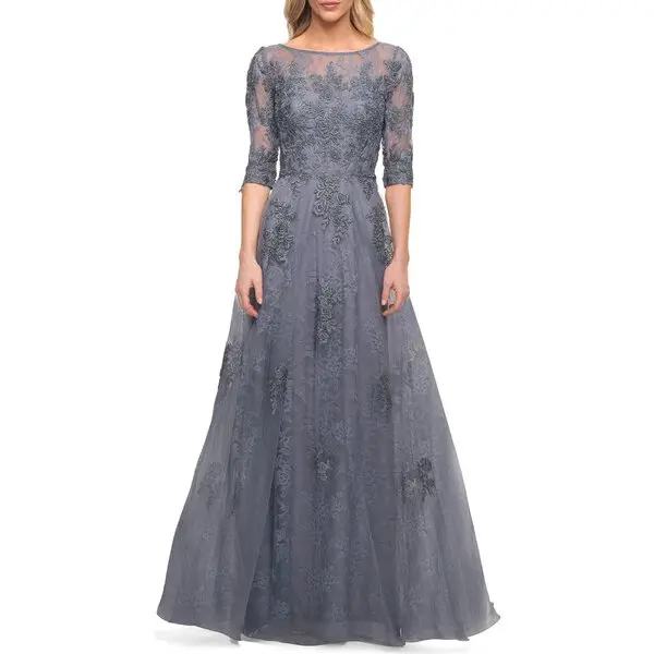 La Femme Lace And Tulle A-line Gown - Slate