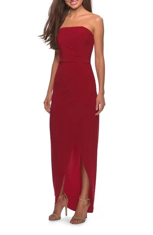 La Femme Long Strapless Jersey Dress With Ruching - Red
