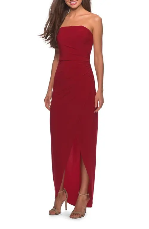 La Femme Long Strapless Jersey Dress With Ruching - Red