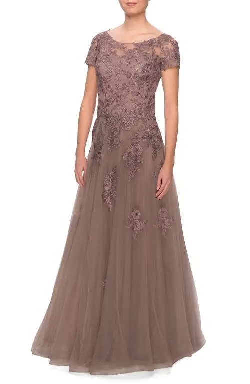 La Femme A-line Gown With Floral Lace Appliques - Cocoa