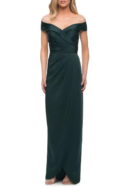 La Femme Long Jersey Dress With Ruching And Cap Sleeves - Emerald