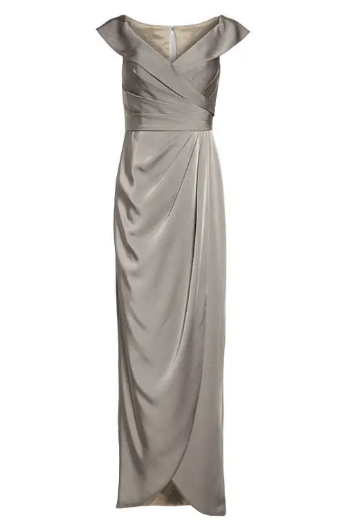 La Femme Long Jersey Dress With Ruching And Cap Sleeves - Pewter