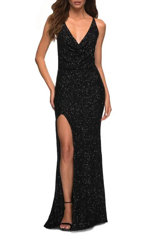 La Femme Sequin Gown With Draped Neckline And Slit - Black
