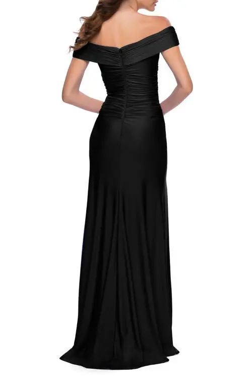 La Femme Jersey Gown With Off-the-shoulder Detail And Slit - Black