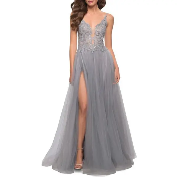 La Femme Tulle A-line Gown With Lace Bodice - Silver