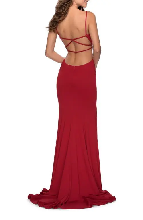 La Femme Long Jersey Dress With Open Back - Red