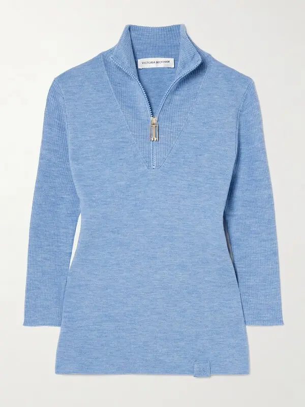 Victoria Beckham Ribbed Merino Wool-blend Half-zip Sweater - Blue