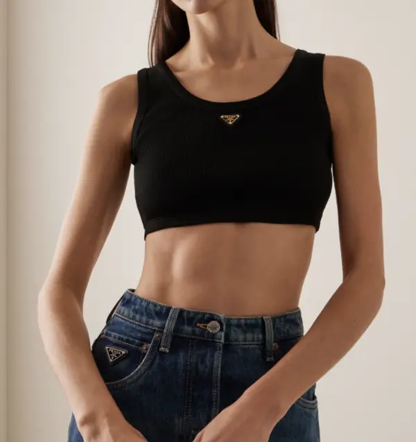 Prada Ribbed Cotton Jersey Crop Top - Black