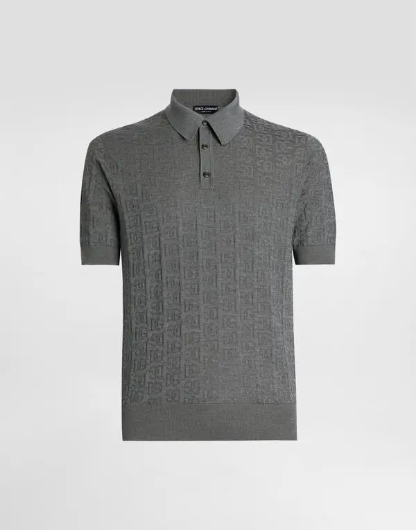 Dolce & Gabbana Silk Polo-shirt With All-over Dg Logo Embroidery - Grey