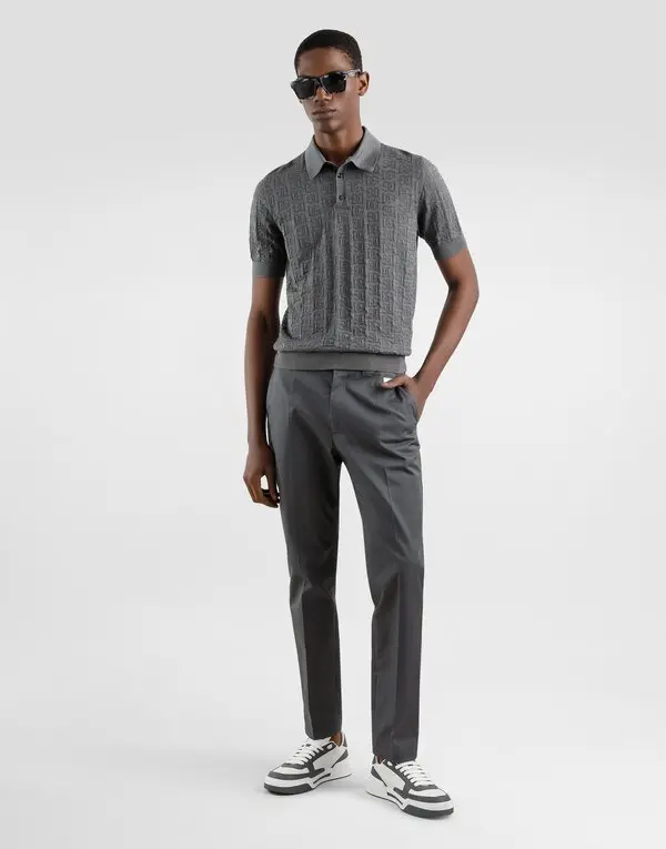 Dolce & Gabbana Silk Polo-shirt With All-over Dg Logo Embroidery - Grey