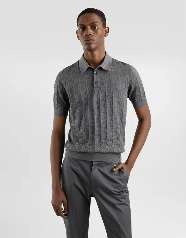 Dolce & Gabbana Silk Polo-shirt With All-over Dg Logo Embroidery - Grey