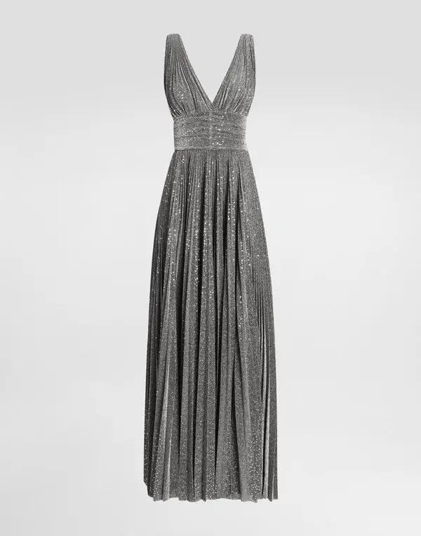 Dolce & Gabbana Long Pleated Dress With Micro-sequin Embellishment - Silver