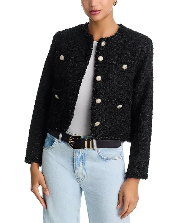 Aqua Tweed Collarless Jacket - Black