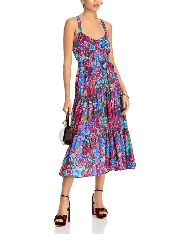 Aqua Belted Printed Midi Dress - Blue Multi