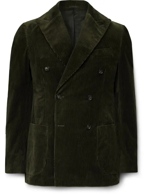 DE PETRILLO Slim-fit Double-breasted Stretch-cotton Corduroy Suit Jacket - Green