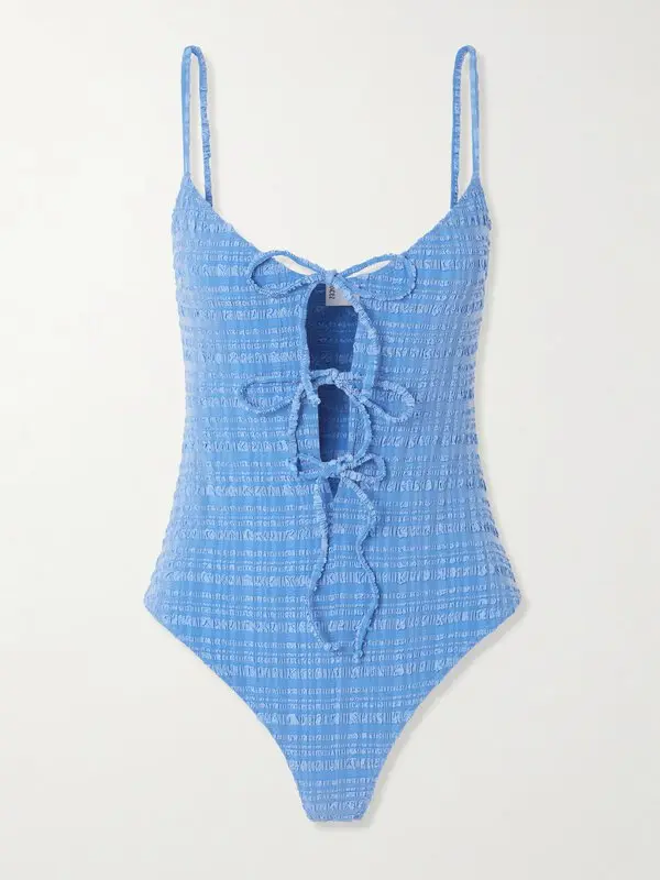 Lisa Marie Fernandez Tie-detailed Striped Seersucker Swimsuit - Blue