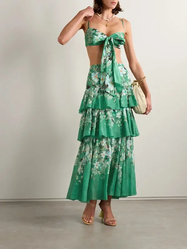 Zimmermann Everley Tiered Floral-Print Maxi Skirt In Green - 40
