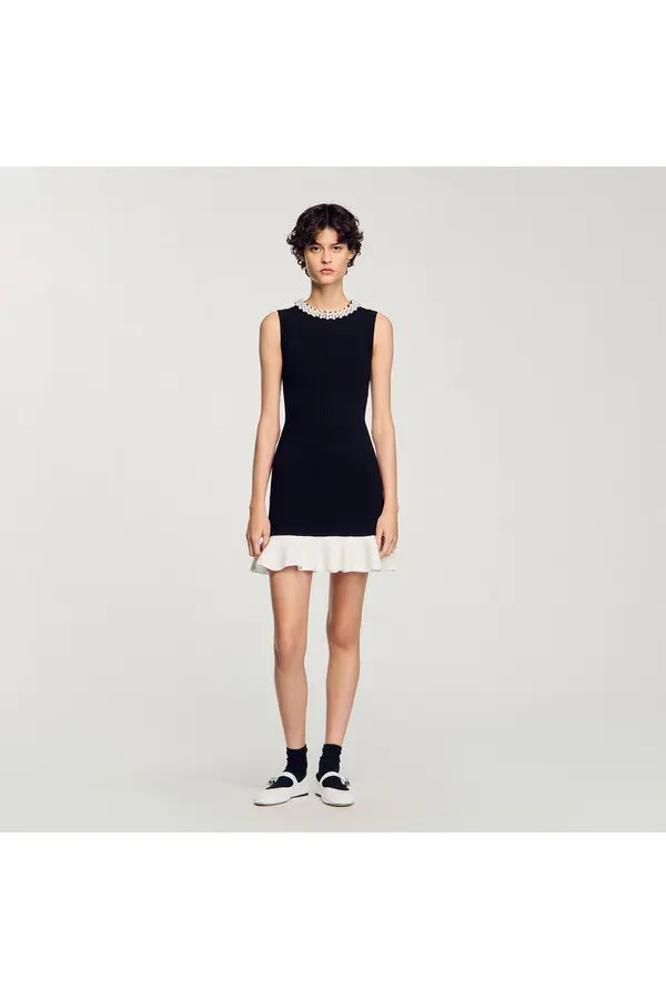 Sandro Mini Knit Dress With Beaded Neck In Black - 40% Off | Editorialist