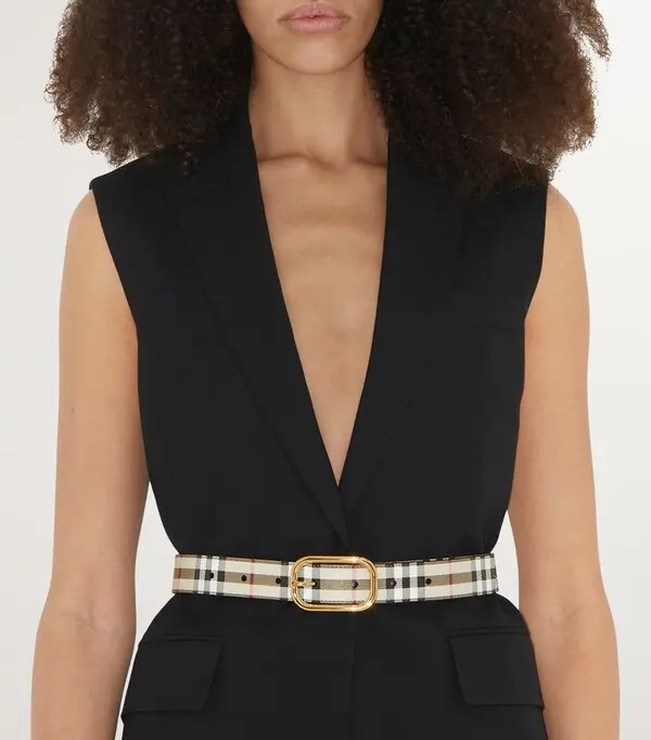 Burberry Check Belt With Gold Tone Buckle - Neutral
