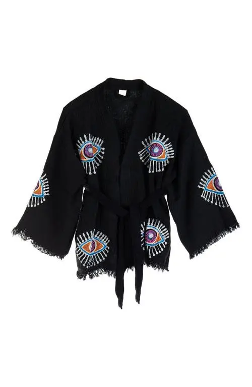 FOREVER & ALWAYS SHOES Sereia Evil Eye Handmade Cotton Short Kimono - Black