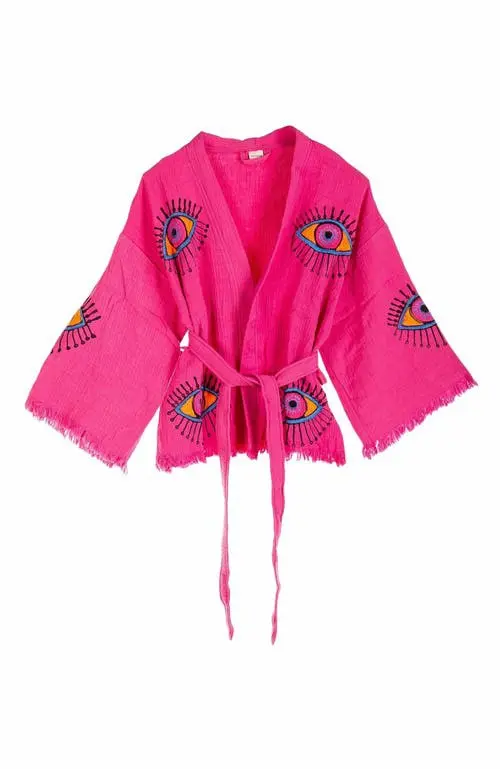 FOREVER & ALWAYS SHOES Sereia Evil Eye Handmade Cotton Short Robe Cover-up - Fuchsia