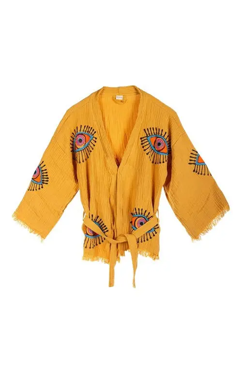 FOREVER & ALWAYS SHOES Sereia Evil Eye Handmade Cotton Short Robe Cover-up - Mustard Yellow