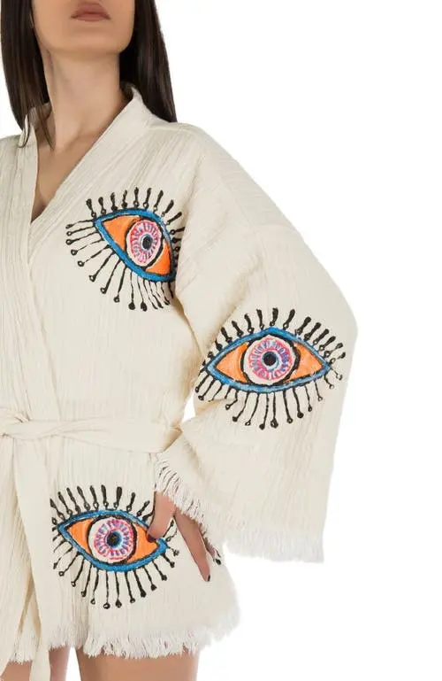 FOREVER & ALWAYS SHOES Sereia Evil Eye Handmade Cotton Short Robe Cover-up - Off-white