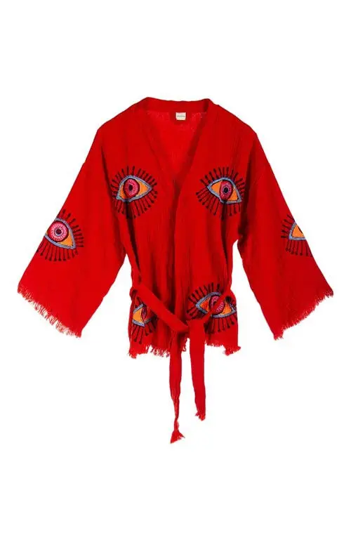 FOREVER & ALWAYS SHOES Sereia Evil Eye Handmade Cotton Short Robe Cover-up - Red