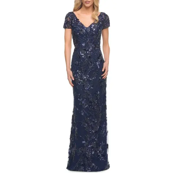 La Femme Beaded Long Gown With V-neckline - Navy