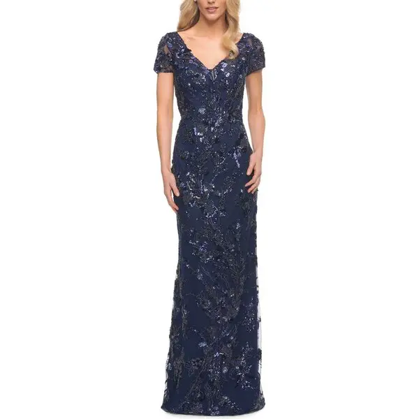 La Femme Beaded Long Gown With V-neckline - Navy