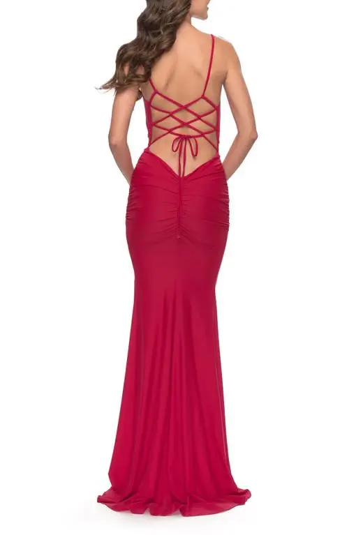 La Femme Twist Front Cut Out Jersey Gown - Red
