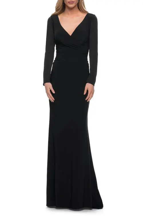 La Femme Long Sleeve Evening Dress With Ruching - Black