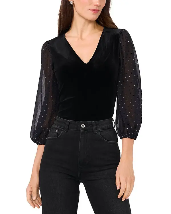 Vince Camuto Velvet Sheer Sleeve Top - Rich Black