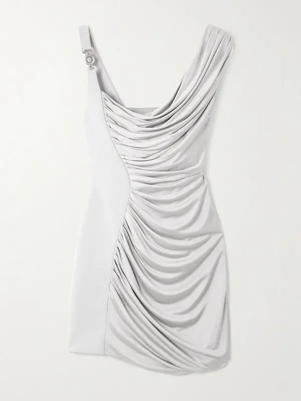 Versace Asymmetric Embellished Draped Jersey Mini Dress
