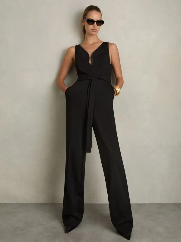 REISS Eva Wide-leg Jumpsuit With Curved Neckline - Black