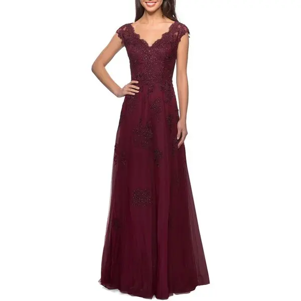 La Femme Short Sleeve Lace Gown - Burgundy
