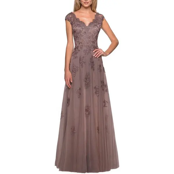 La Femme Short Sleeve Lace Gown - Cocoa