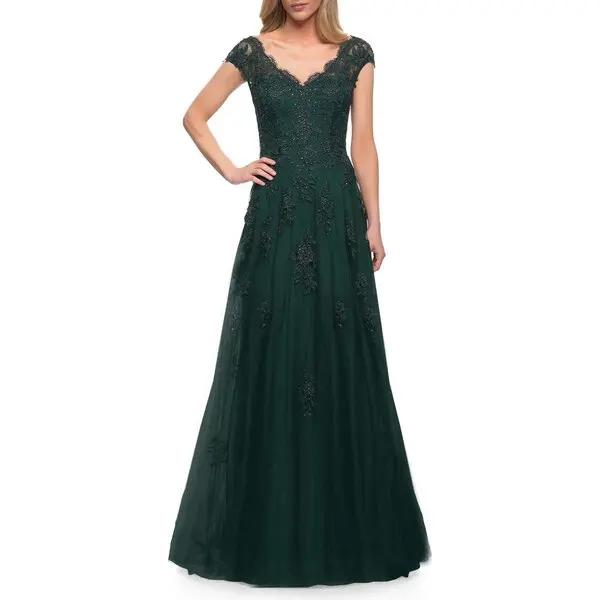 La Femme Short Sleeve Lace Gown - Dark Emerald