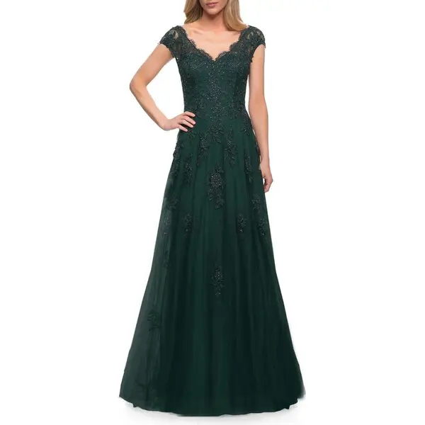 La Femme Short Sleeve Lace Gown - Dark Emerald