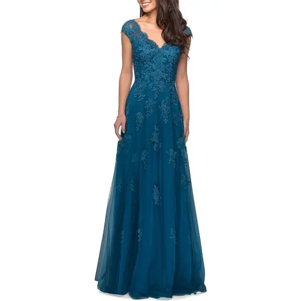 La Femme Short Sleeve Lace Gown - Teal