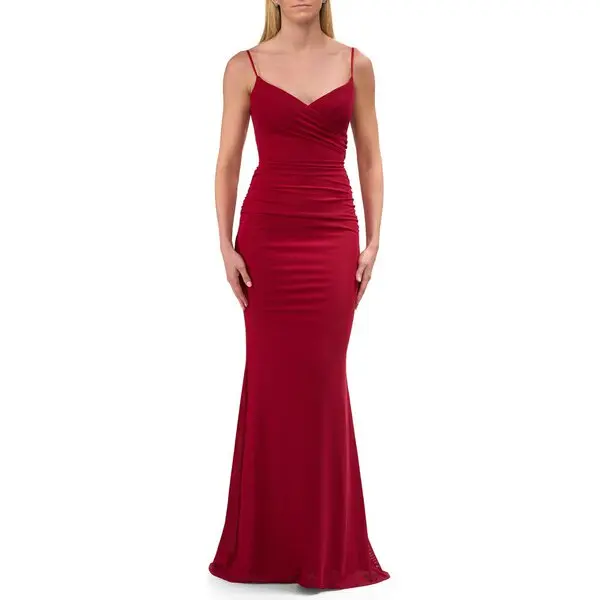 LABOMME Fitted Jersey Long Dress With Lace Up Back - Burgundy