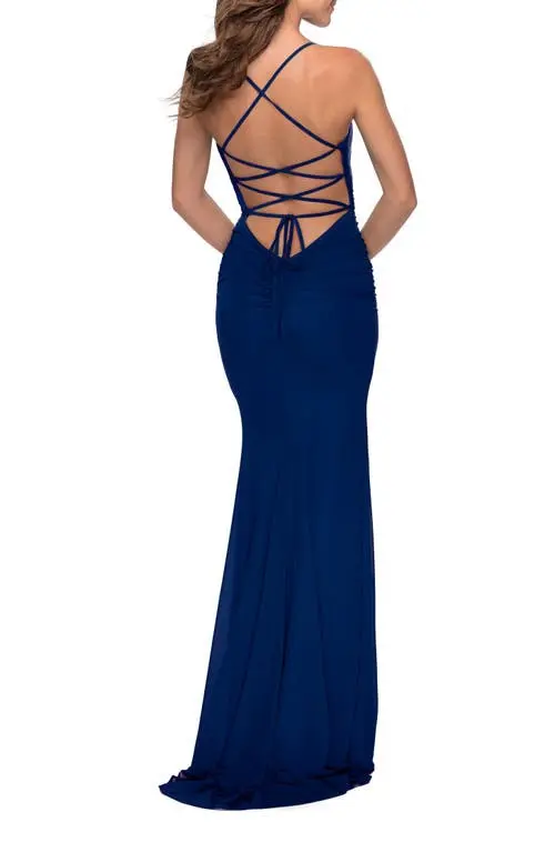 Labomme Fitted Jersey Long Dress With Lace Up Back - Navy | Editorialist