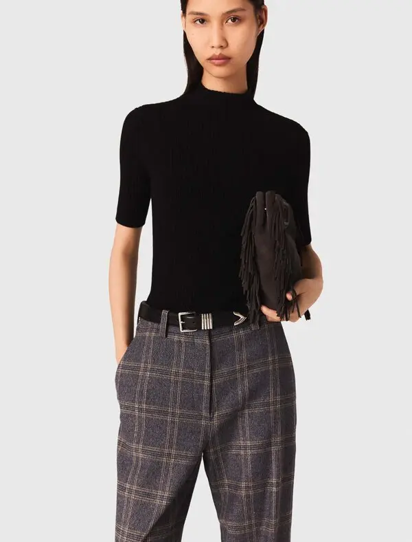 Maje Rib Knit High Neck Short Sleeve Top - Black