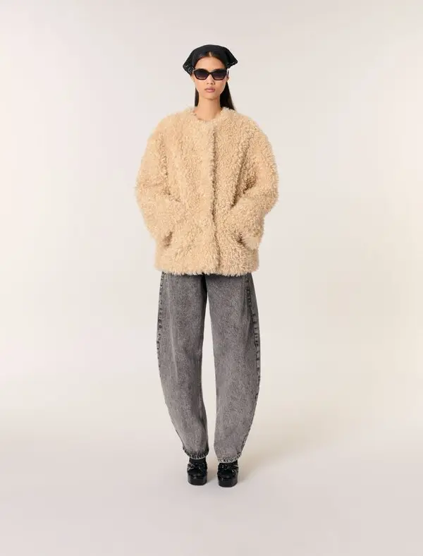 Maje Short Faux Fur Coat With Clover Buttons