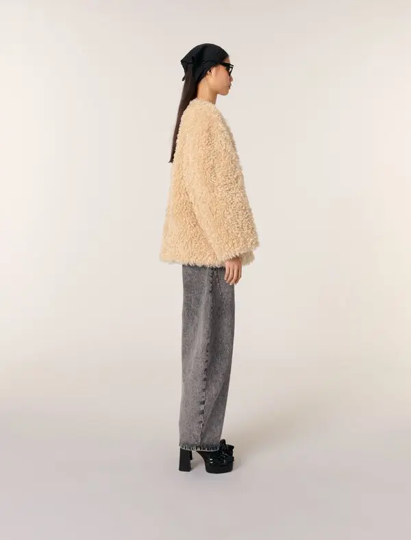 Maje Short Faux Fur Coat With Clover Buttons