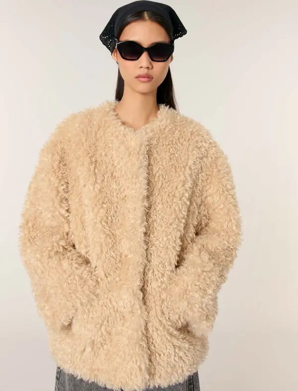 Maje Short Faux Fur Coat With Clover Buttons