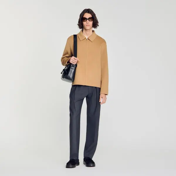 Sandro Double-faced Wool Jacket With Zip Fastening And Wing Collar - Camel