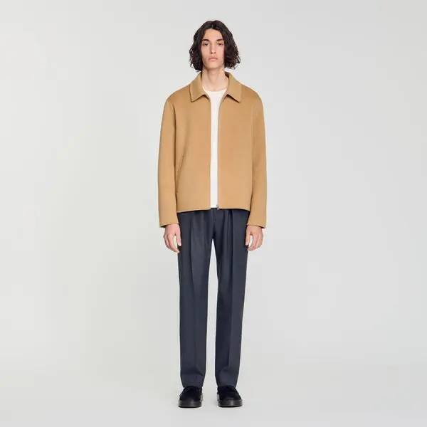 Sandro Double-faced Wool Jacket With Zip Fastening And Wing Collar - Camel