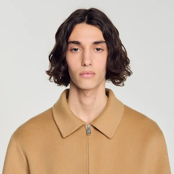 Sandro Double-faced Wool Jacket With Zip Fastening And Wing Collar - Camel
